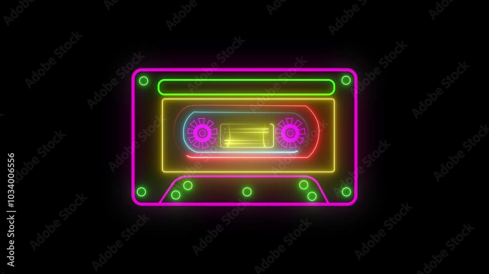 Neon cassette lights up and goes out. Cassette animation. Loop. Retro ...