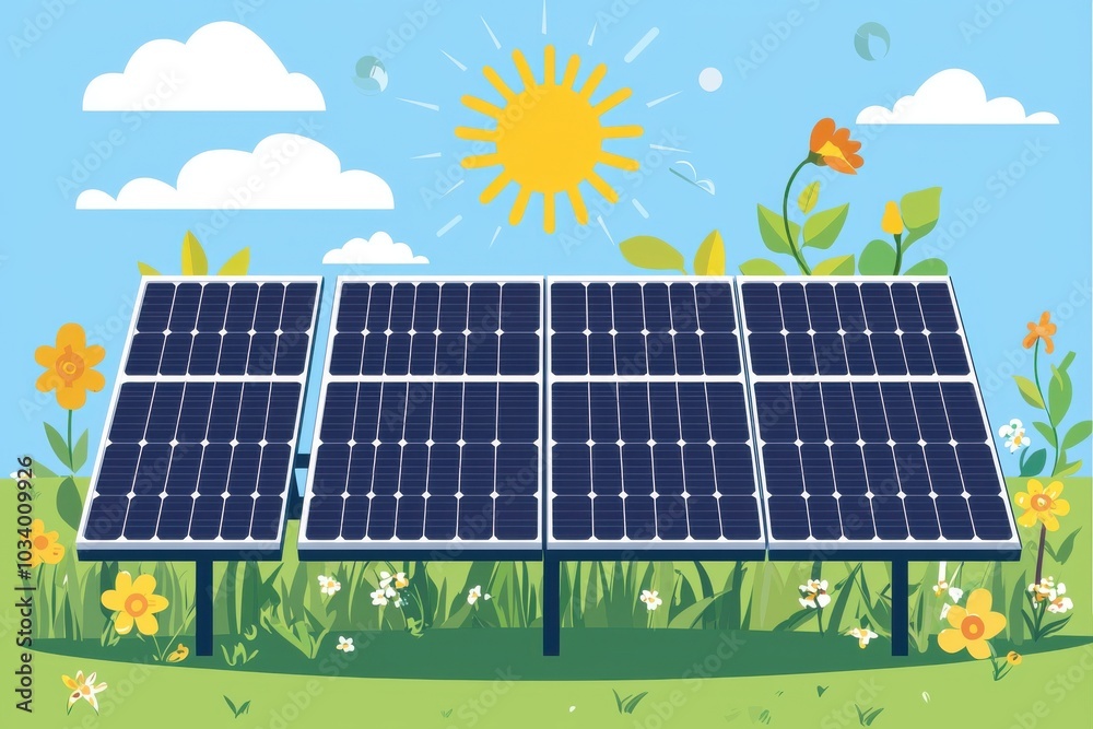 Colorful illustration of solar panels in a vibrant garden under a ...