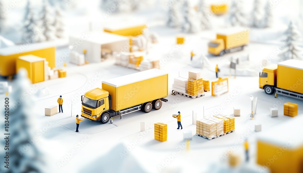 A pencil color sketch of a distribution center, with trucks parked at ...