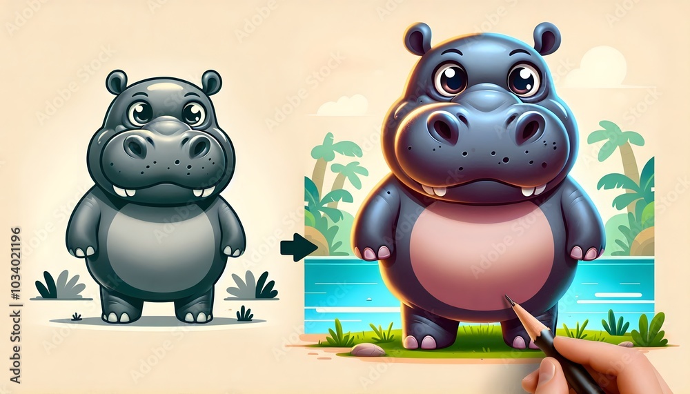 cartoon hippopotamus being drawn. The left side of the image shows the ...