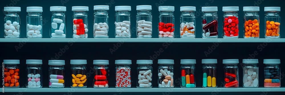 Neatly arranged rows of various pharmaceutical bottles and medication ...