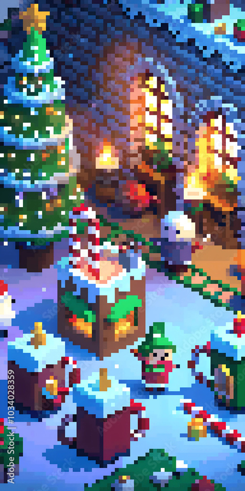 Festive Pixel Art Christmas Scene with Tree and Gifts in Snowy ...