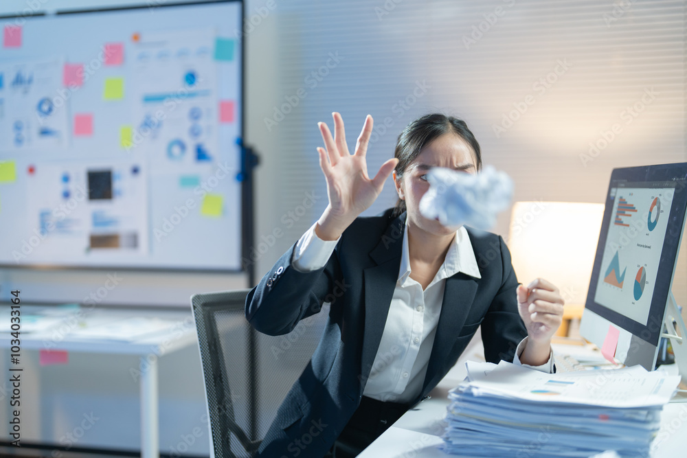 Businesswoman is throwing paper in the air while having a nervous ...