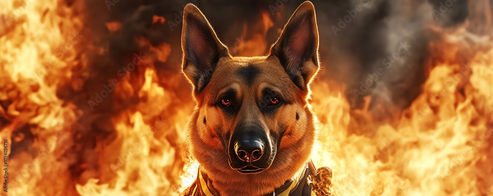 Majestic German Shepherd in a crisp fire department uniform, surrounded ...