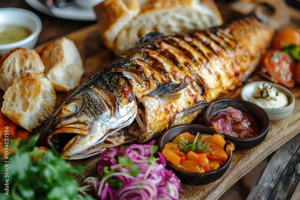 Smoked Fish Feast: Rustic Presentation with Pickled Vegetables and ...