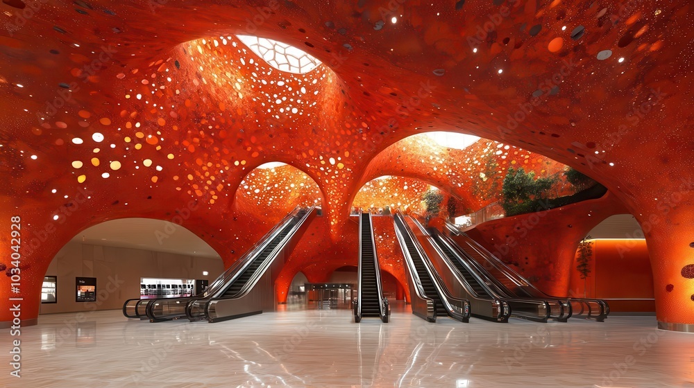 Vibrant interior of a modern transport hub featuring escalators and ...