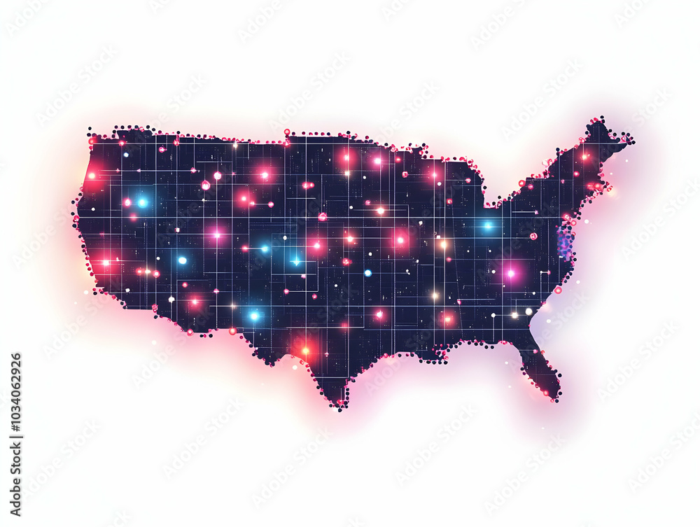 Flat Glossy Map with Glowing Hotspots Representing Polling Locations ...