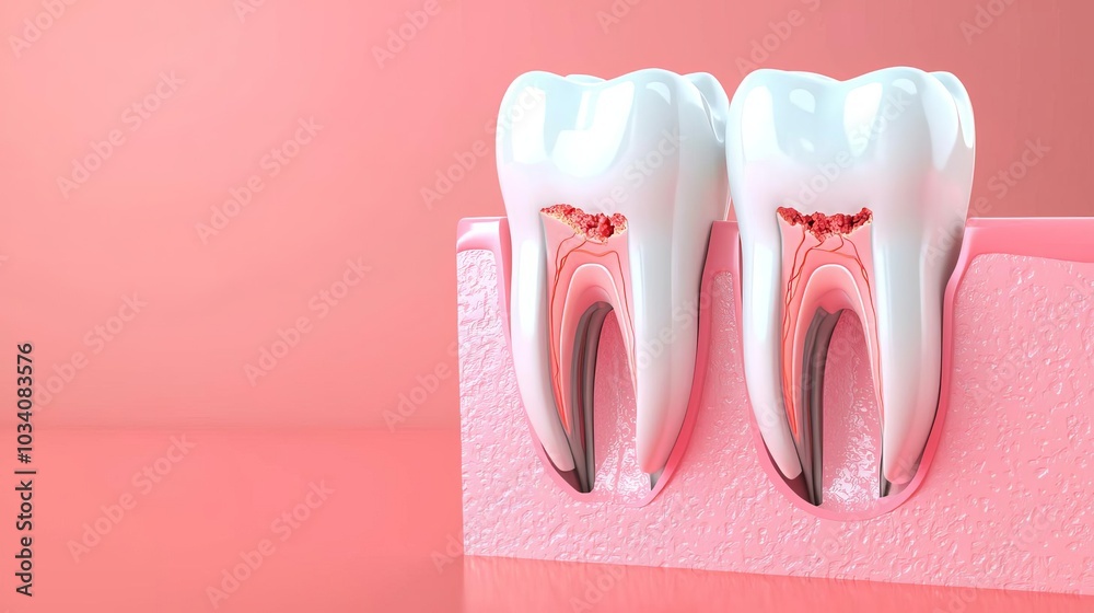 3D cross-section of a tooth with decay reaching the pulp chamber ...