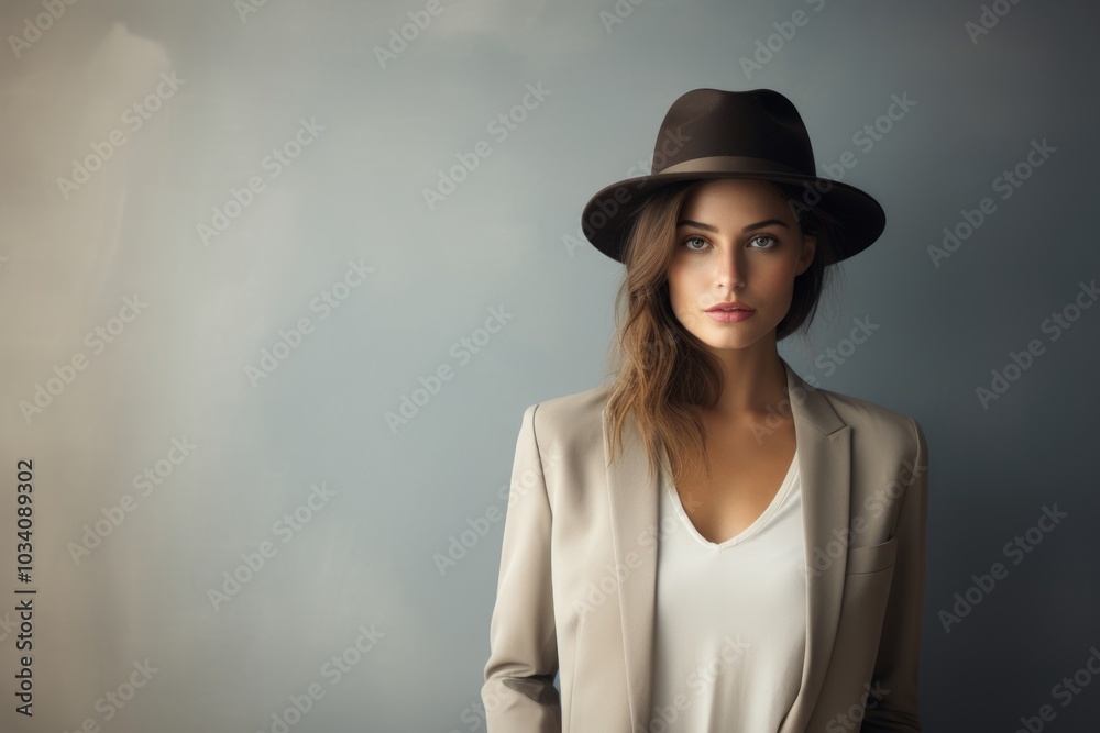 Portrait of a merry woman in her 20s donning a classic fedora isolated ...