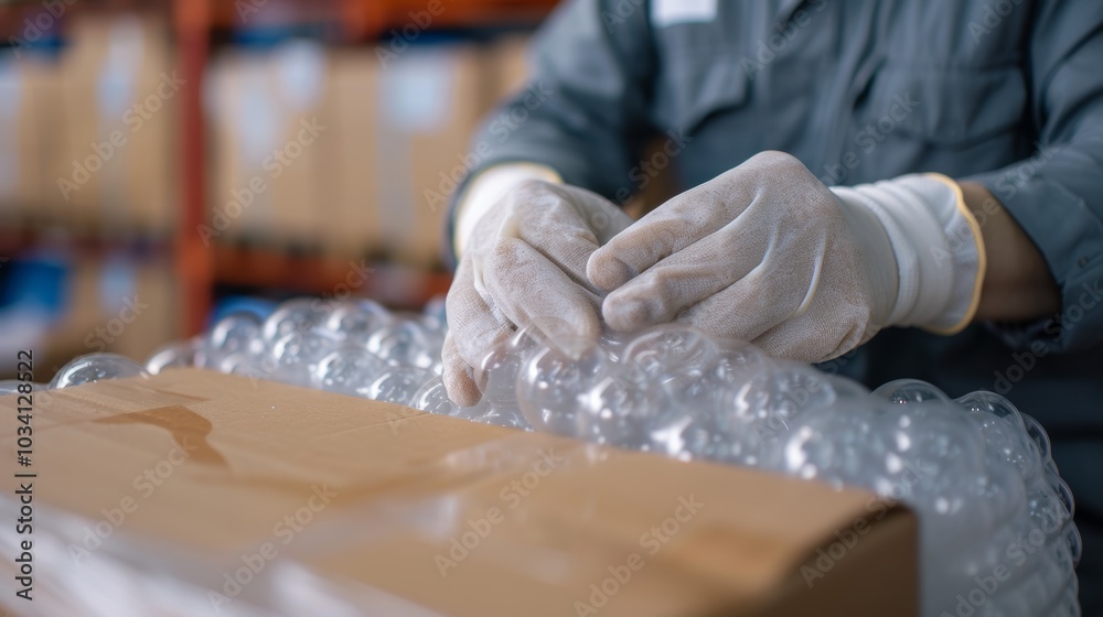 Worker packing items with bubble wrap in a warehouse during daytime ...