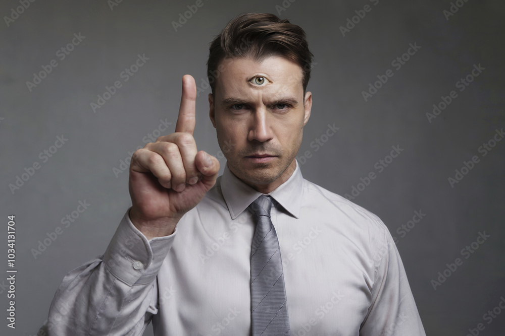 Serious man with his index finger raised up and a third eye on his ...