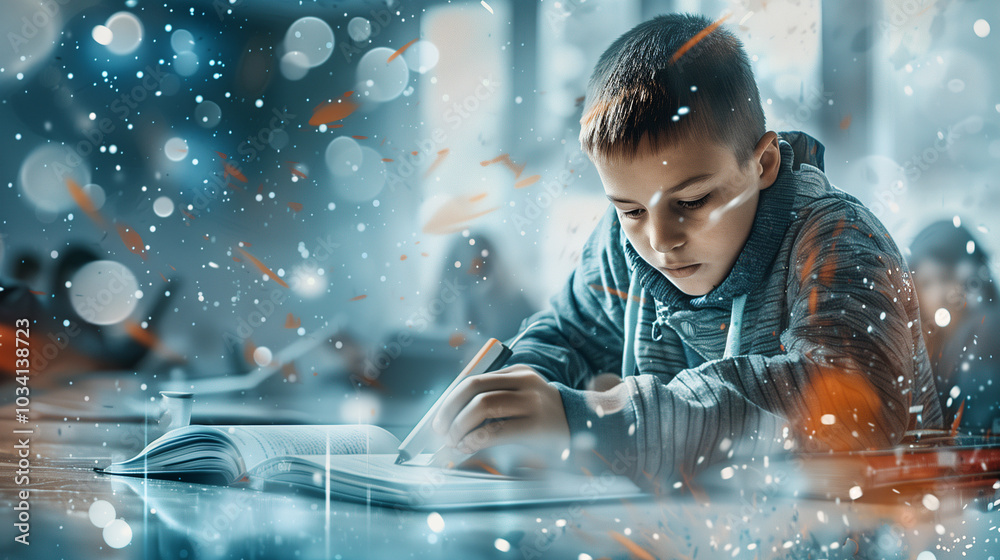 Middle school student solving problems in a classroom, surrounded by ...