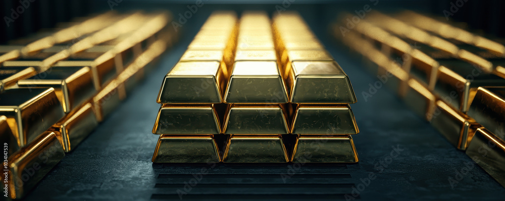 Shiny gold bars stacked neatly in secure vault, reflecting light and symbolizing wealth and ...