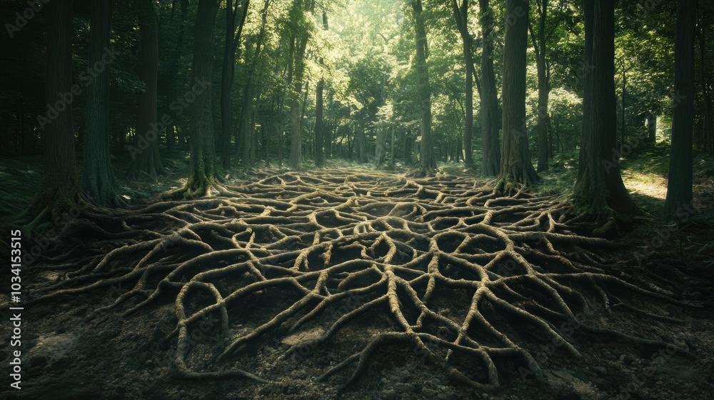 A vast underground network of mycelium connecting trees in a forest ...