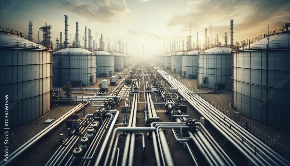 A detailed view of an industrial oil refinery with massive storage ...
