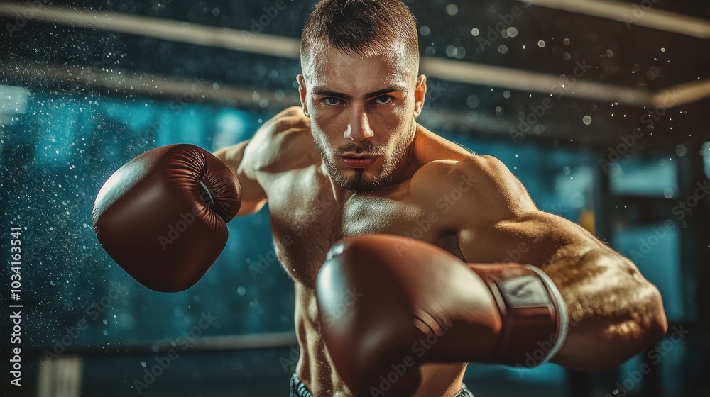 A boxer shadowboxing in a gym, every muscle and movement displaying a ...