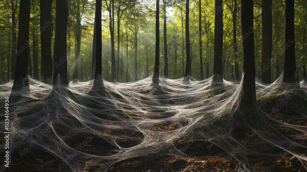 Complex mycelium network linking tree roots underground in a forest ...