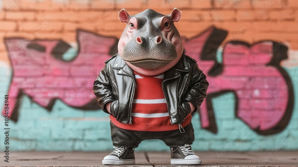 Hip baby hippo with a sarcastic smirk, leather jacket and sneakers, 3D ...