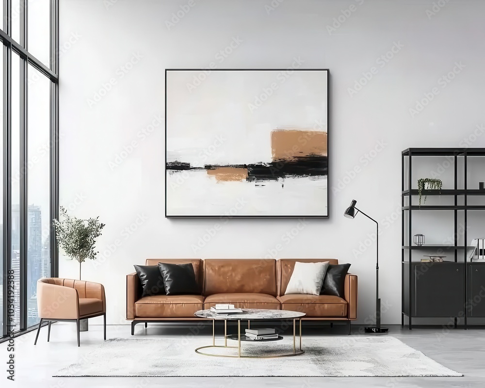 Highend executive office with leather furniture, abstract art, and ...