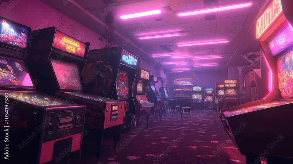 Neon-lit arcade room showcasing pinball machines and vintage arcade ...