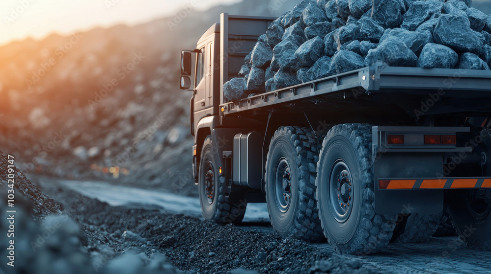 Haul truck loaded with rock driving on gravel road, showcasing its ...
