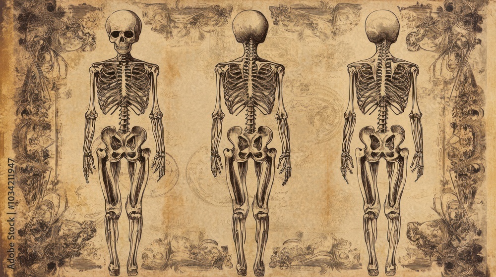 Anatomical illustration showing three human skeletons from different ...