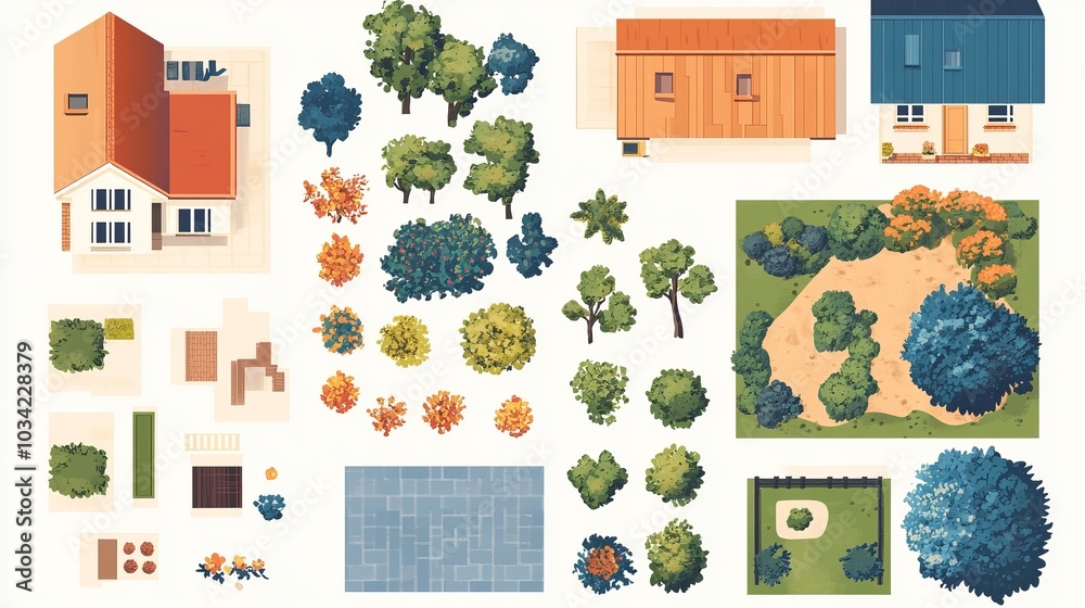 A set of landscape design elements in top view, including houses ...