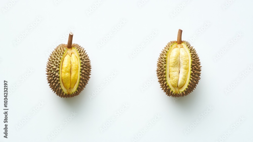 Whole and sliced durian fruit placed side by side on a white background ...