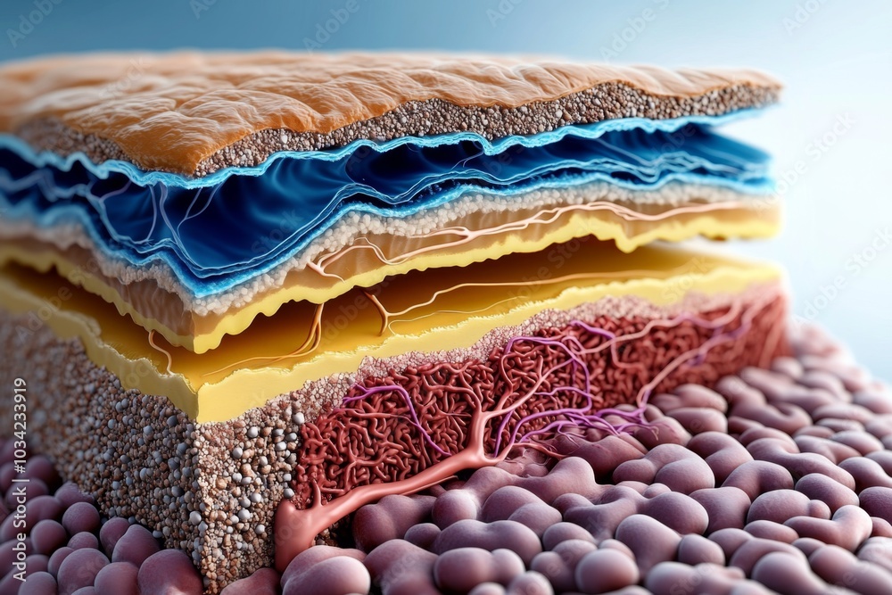 Cross-section of skin layers (epidermis, dermis, hypodermis), with ...