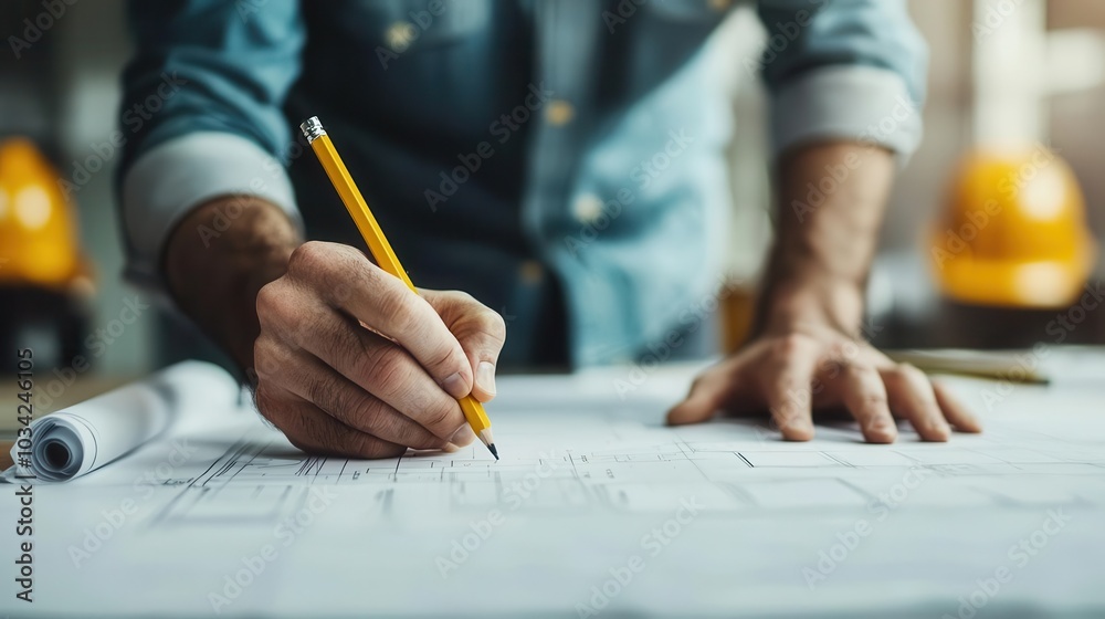 Engineer sketching modifications on blueprint with mechanical pencil ...