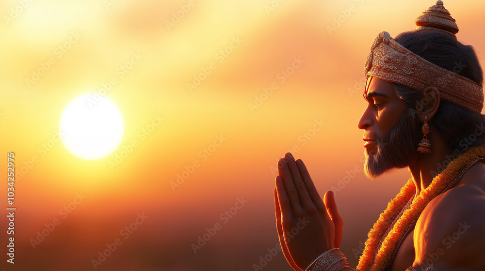 Lord Hanuman Blessing with Sunlit Aura A vibrant portrait of Lord ...