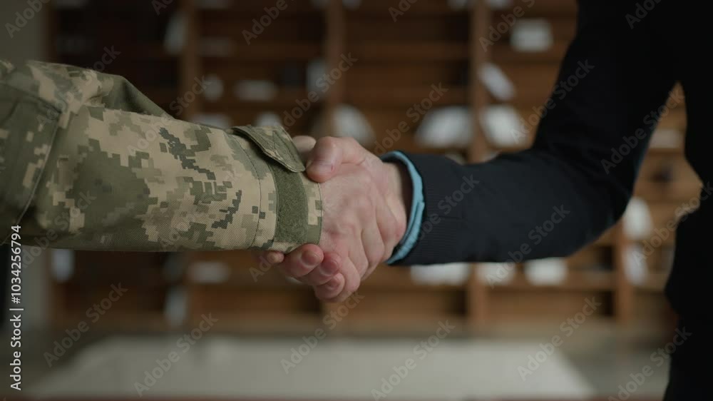Close up male handshaking. Two unrecognizable men military soldier ...
