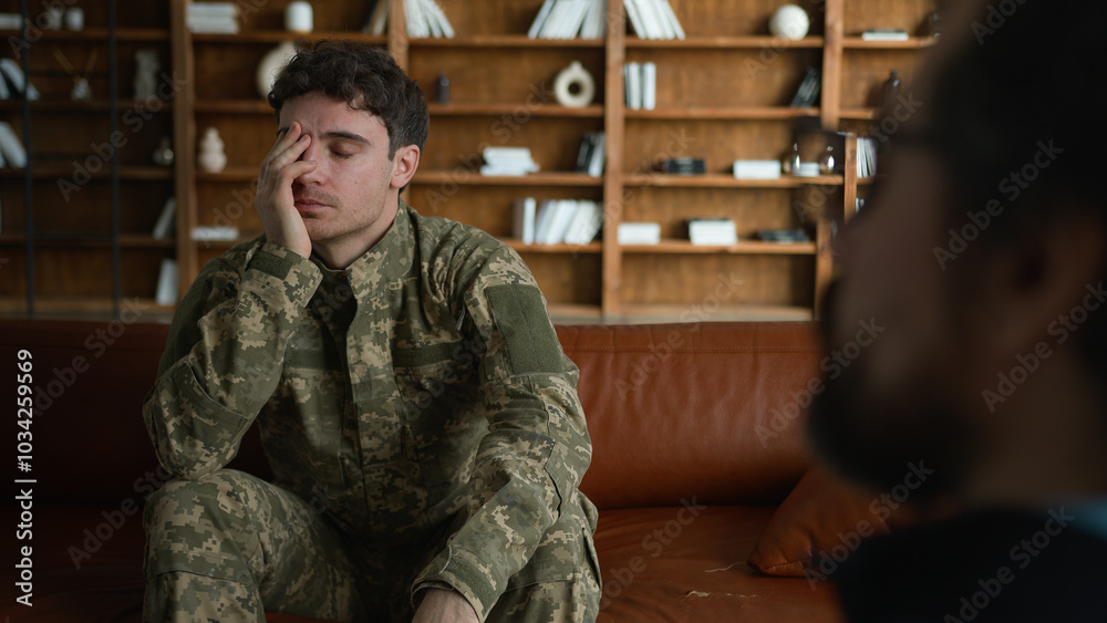 Upset depressed despair Caucasian male guy military soldier veteran ...