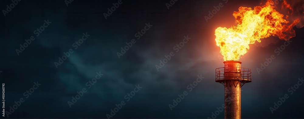 Gas flare burning from a high industrial chimney against a dark sky ...