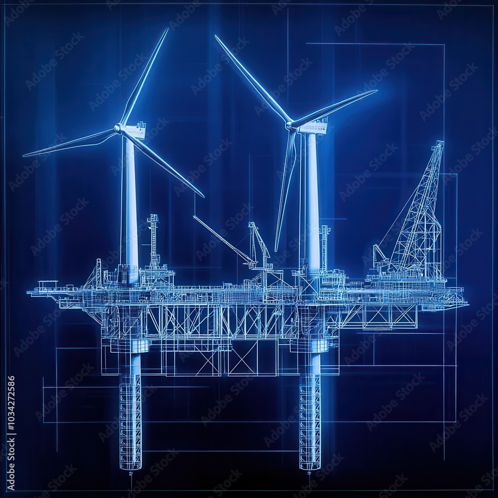 Blueprint of a floating wind turbine farm, intricate industrial design ...
