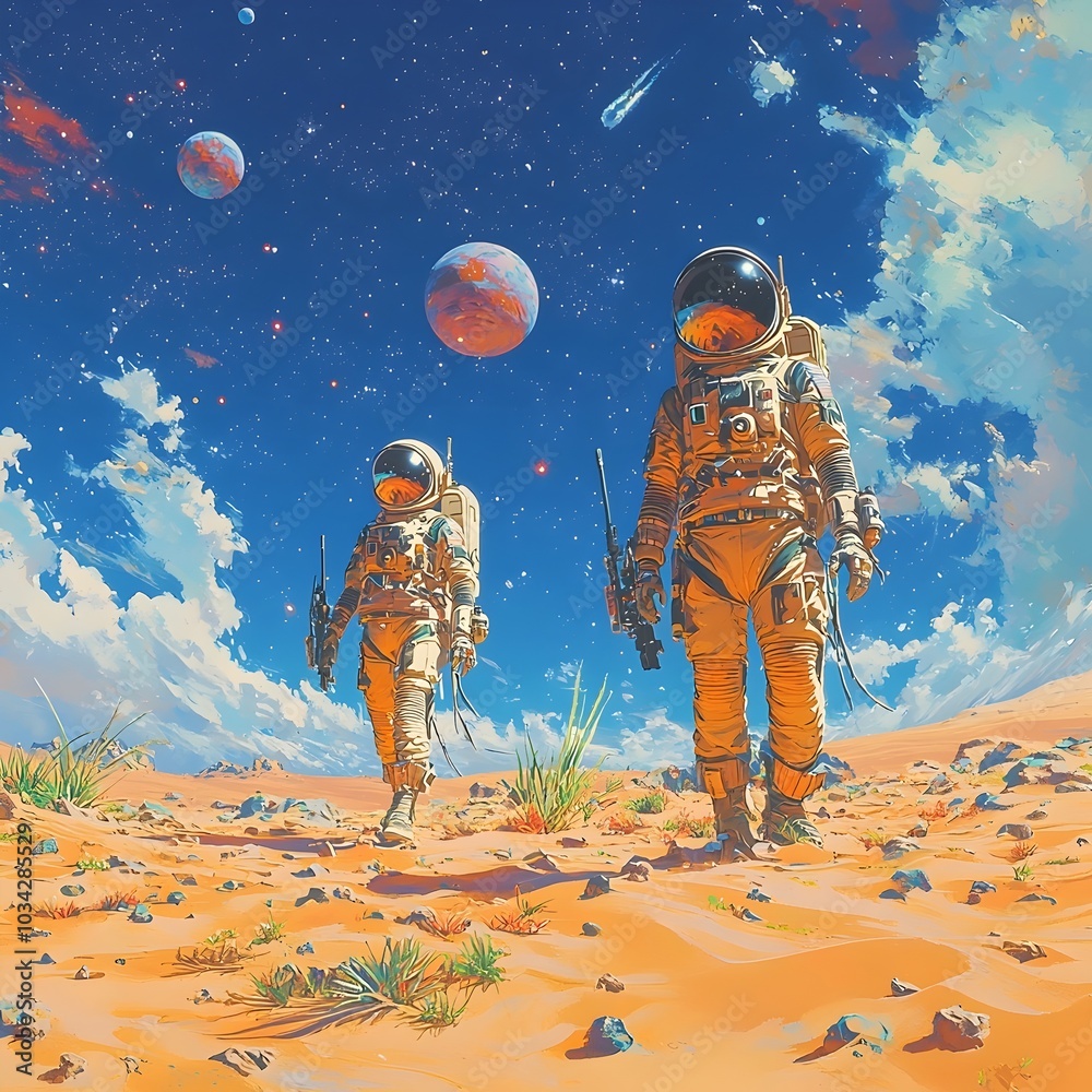 Two astronauts walk across a red desert landscape in their space suits ...