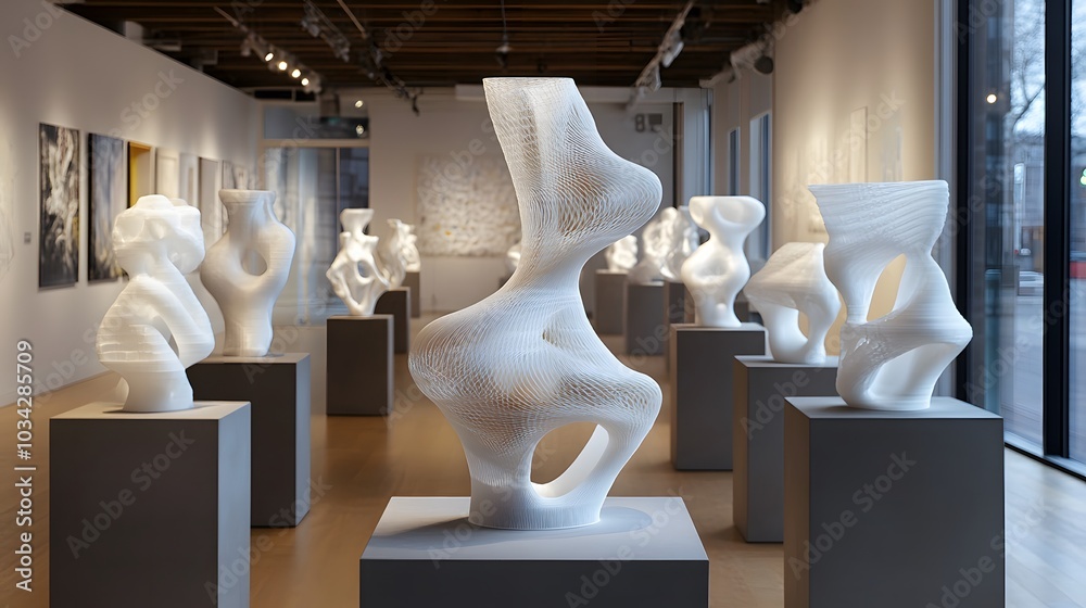 3D-printed sculptures displayed in a modern gallery, showcasing ...