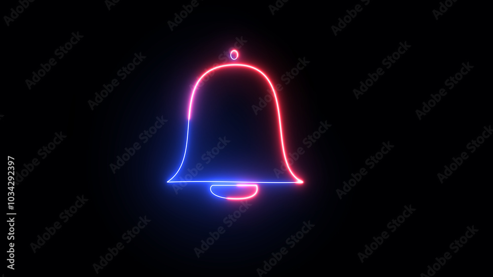Glowing neon color notification bell animation icon on black background ...