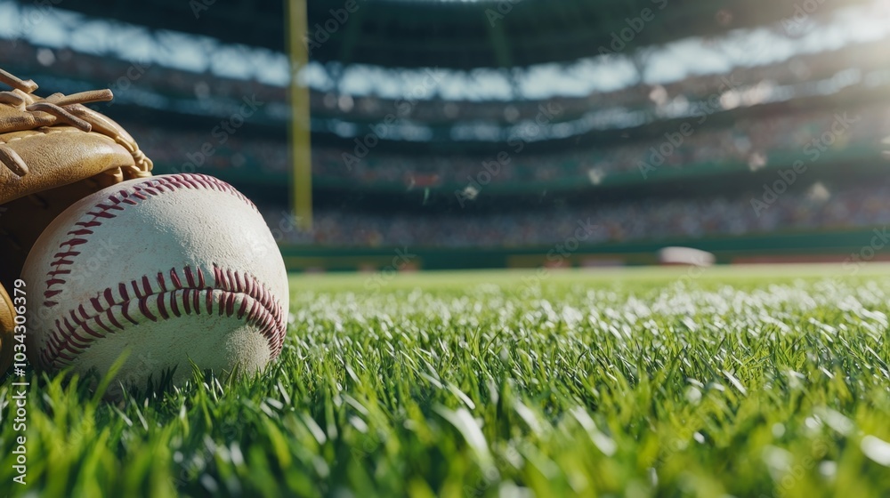 Baseball field scene featuring a close-up of a bat, glove, and ball on ...