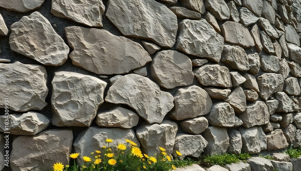 a rough stone wall texture featuring large, jagged stones with a mix of ...