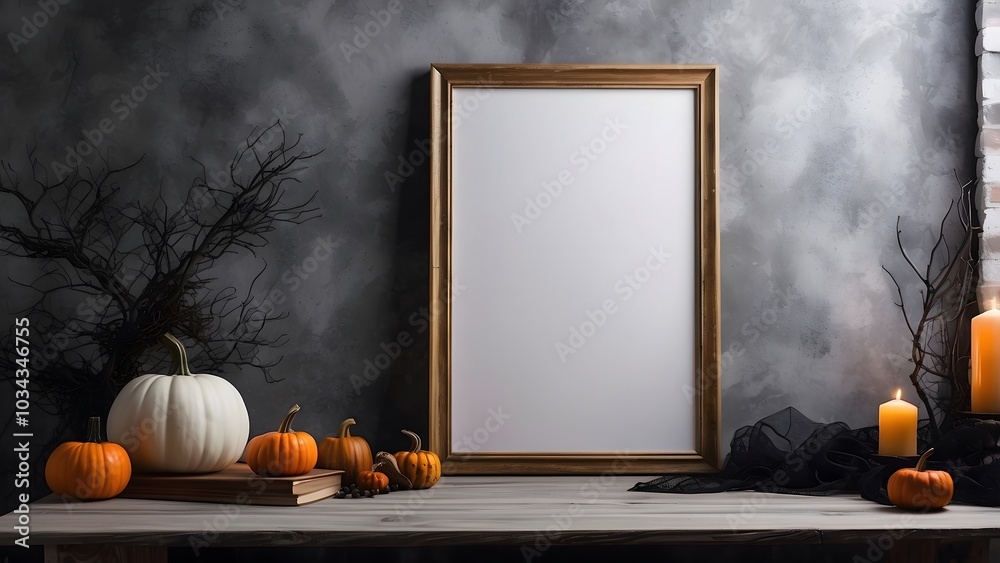 Modern minimalist vertical wall art mockup on table for Halloween theme ...