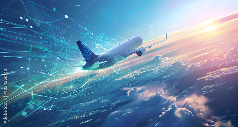 Digital future of commercial air transport concept, Airplane in flight ...