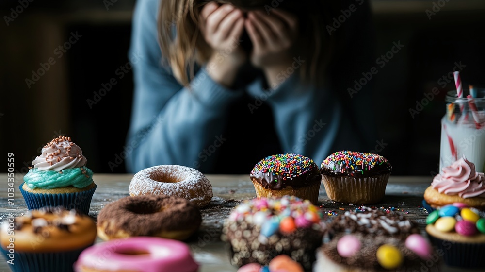 Sad person surrounded by sugary foods, reflecting the struggle between ...