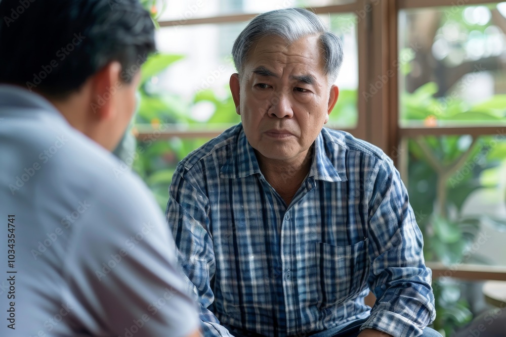 Two men engage in a serious conversation indoors, sitting side by side ...