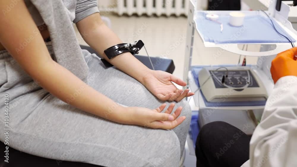 The asian patient undergoes an electromyography (EMG) test to assess ...