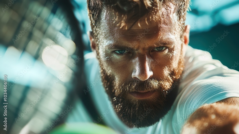 A close-up shot of a bearded man with an intense expression as he ...