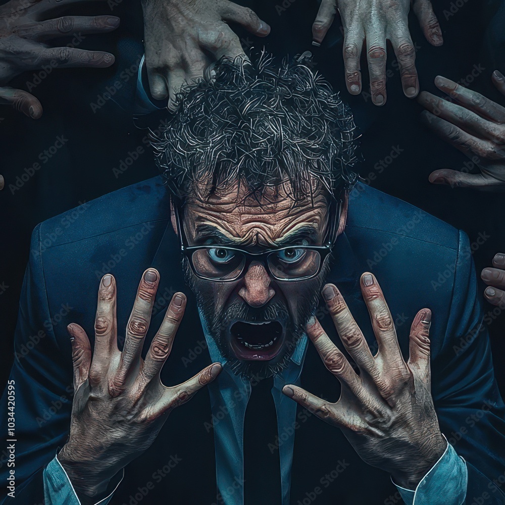 A man in a suit, overwhelmed and shouting amidst a swarm of reaching ...