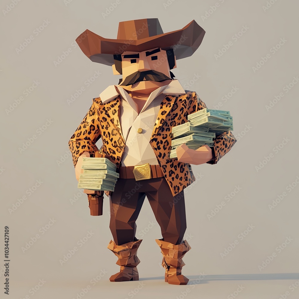 Create a semi-realistic, low-poly 3D cowboy character with sharp ...