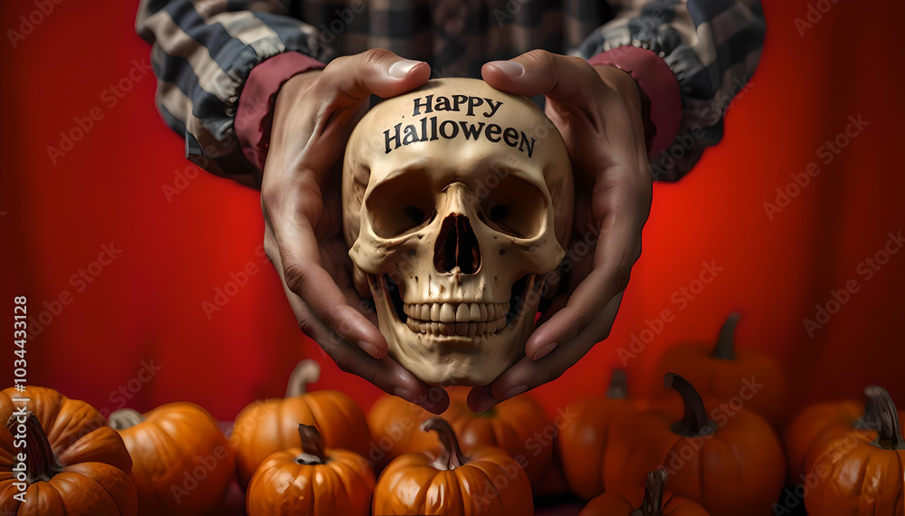 Scary hands clutch a human skull, adorned with "Happy Halloween ...