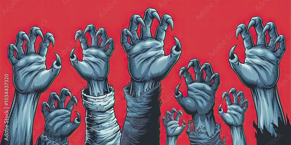 An illustration of a red background with multiple scary hands of ...